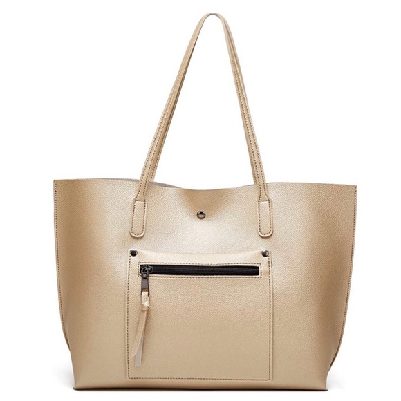 Bags | Metallic Gold Vegan Leather Tote Bag | Poshmark